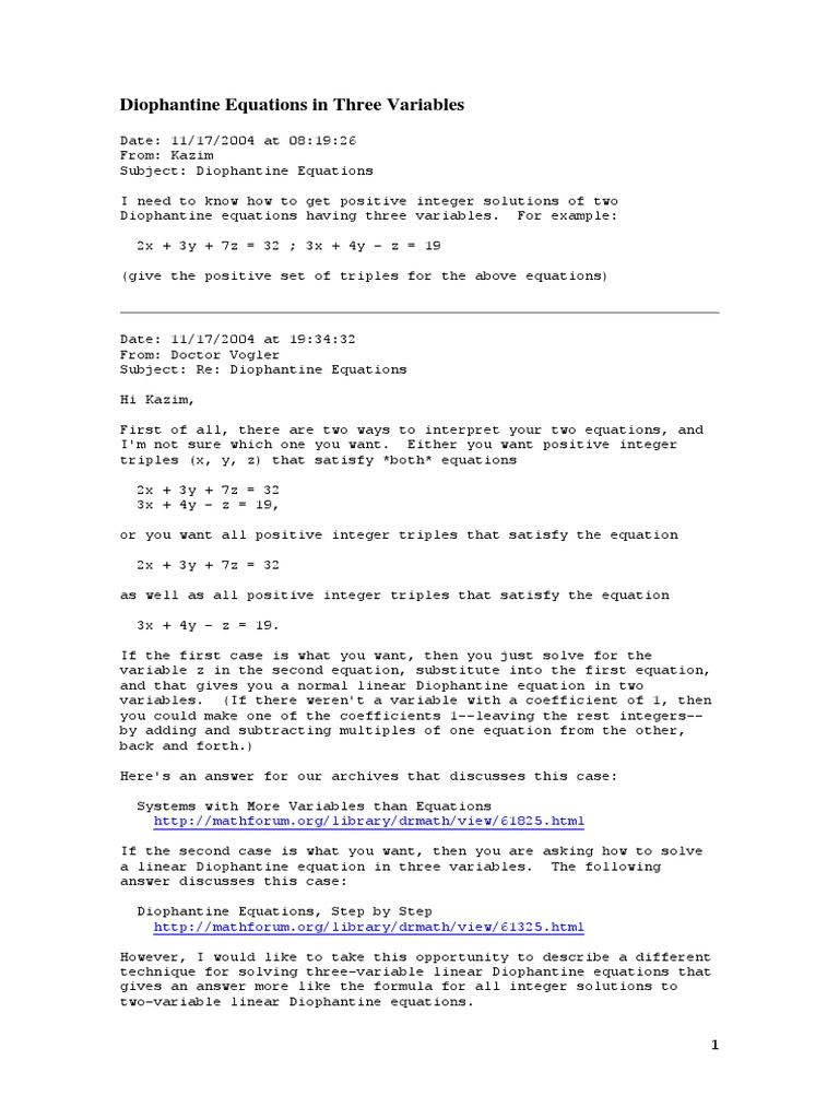 Diophantine Equations in Three Variables | PDF | Equations | Discrete ...