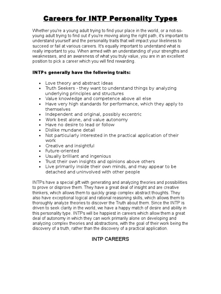 INTP Careers | PDF | Epistemology | Psychological Concepts