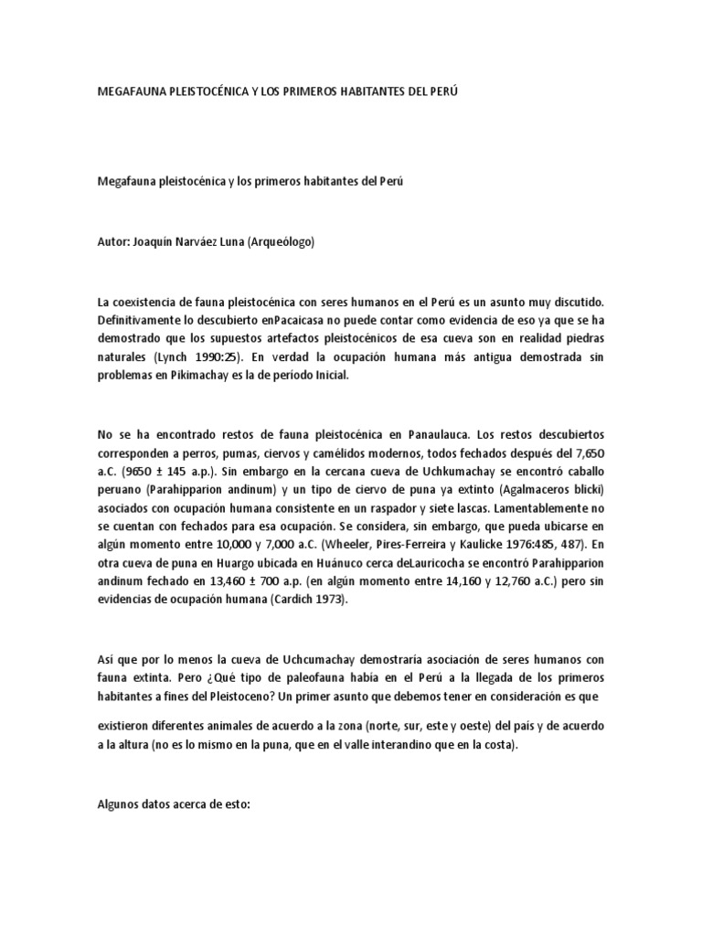 Megafauna Pleistocénica y Los Primeros Habitantes Del Perú | PDF ...