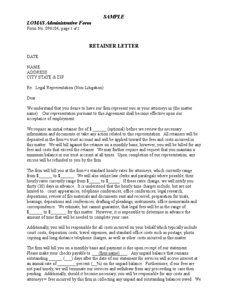 Retainer Agreement Sample Letter | PDF | Lawyer | Fee