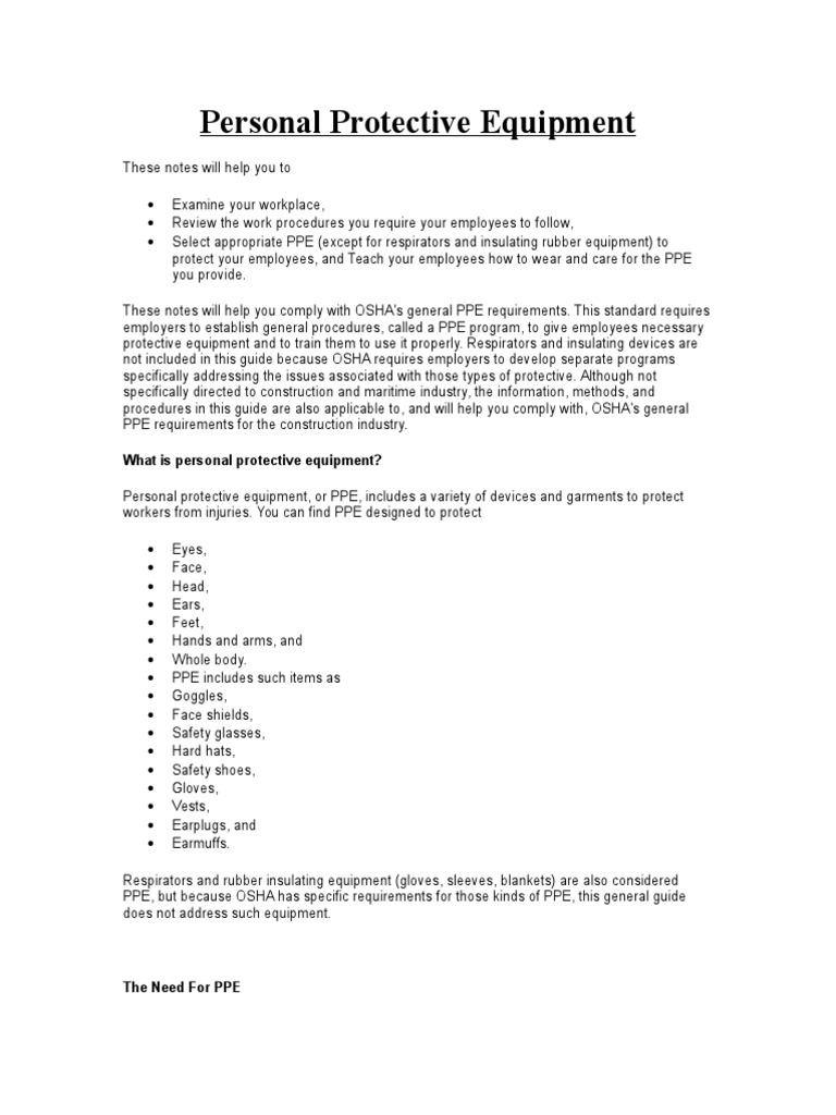 PPE Notes[1] | Personal Protective Equipment | Glasses