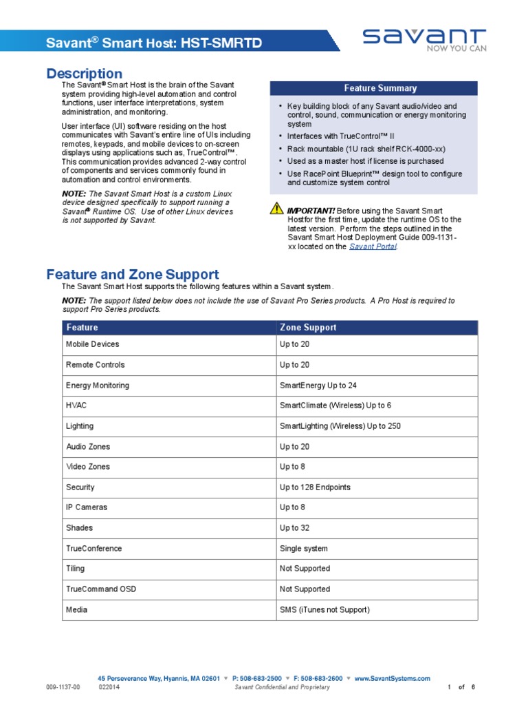 009-1137-00 HST-SMRTD Savant Smart Host Tech Spec | PDF | Hdmi | Usb