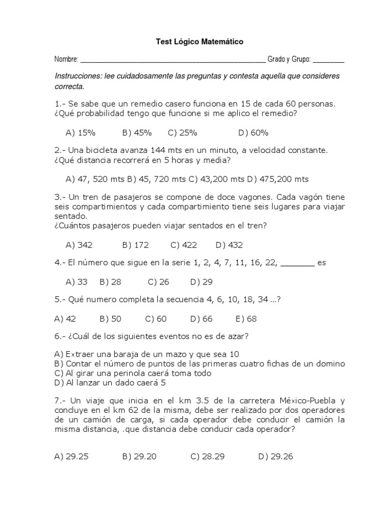 Test de Razonamiento Lógico Matemático | PDF
