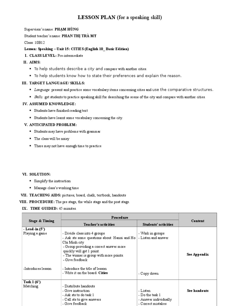 LESSON PLAN (For A Speaking Skill) | PDF | Lesson Plan | Cognition
