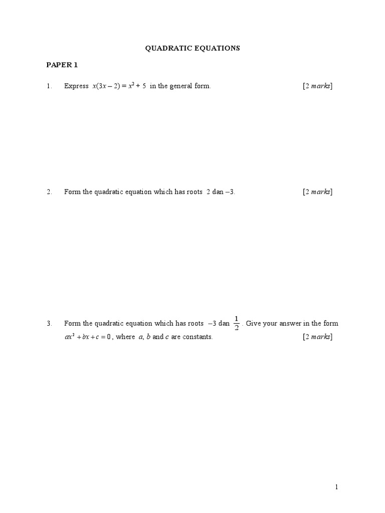 Quadratic Equations Paper 1: C BX Ax | PDF
