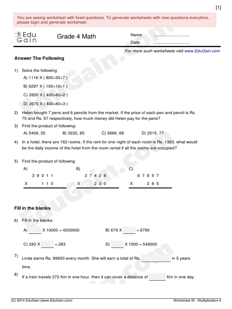 Grade 4 Math: Answer The Following | PDF | Teaching Methods & Materials