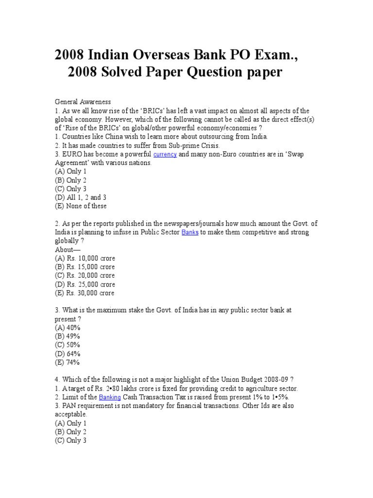 2008 Indian Overseas Bank PO Exam-Solved Question Paper | PDF ...