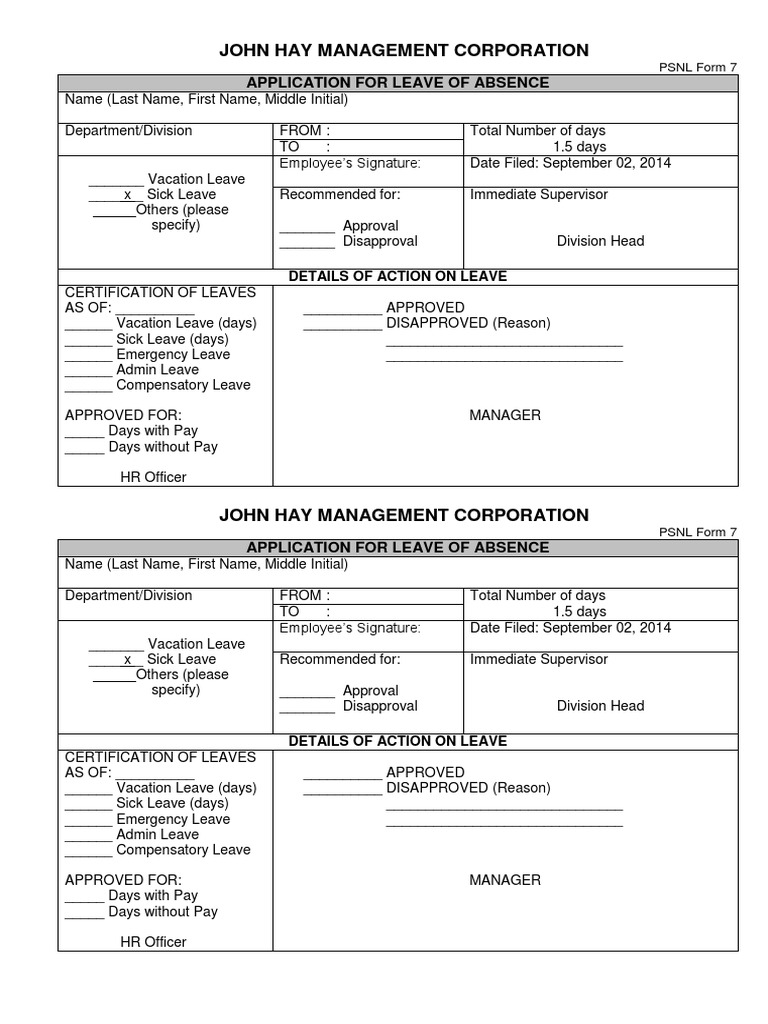 Leave of Absence Application Form | PDF | Leave Of Absence | Sick Leave