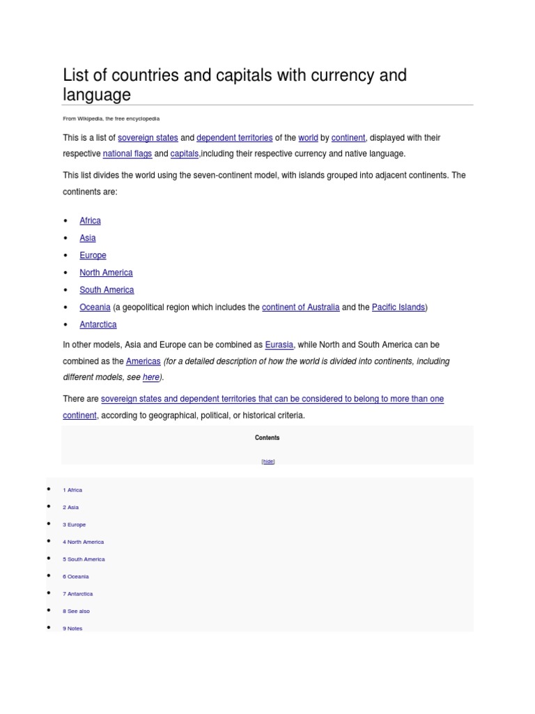 List of Countries and Capitals With Currency and Language | PDF ...