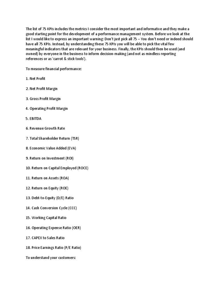 A Comprehensive List of 75 Key Performance Indicators Across Financial ...