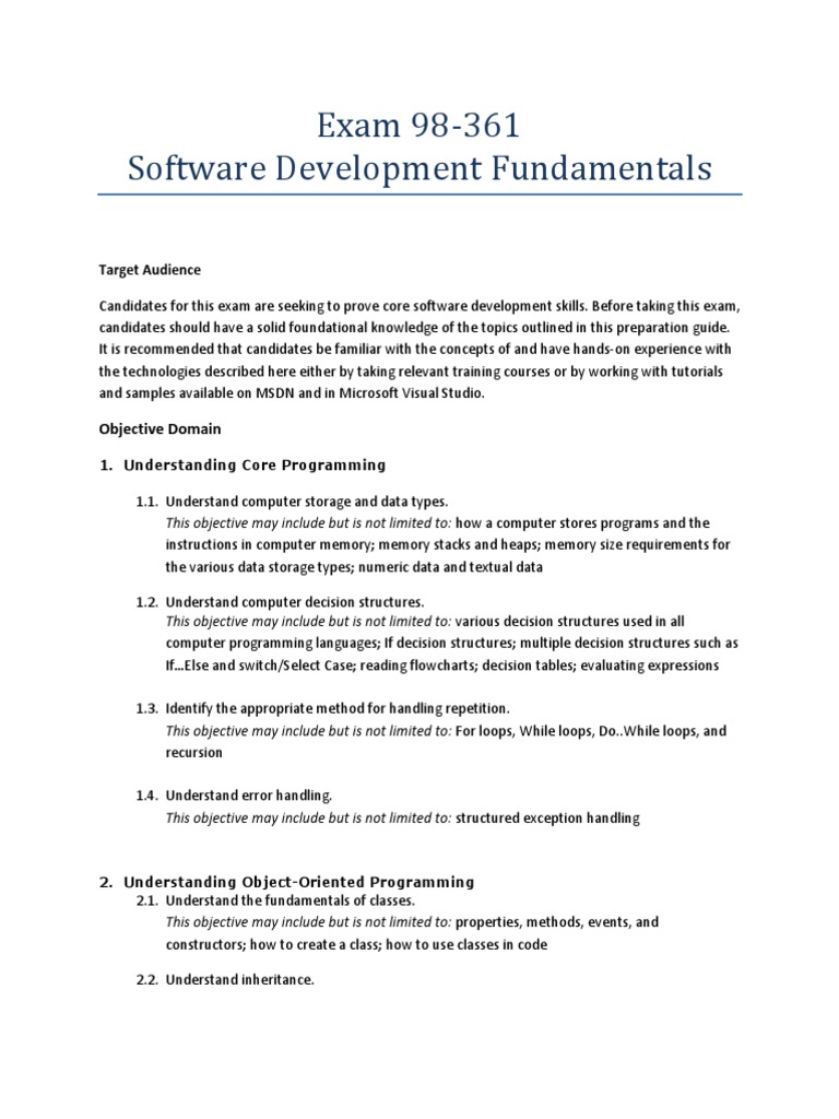 Exam 98 - 361 Software Development Fundamentals: Objective Domain | Download Free PDF ...