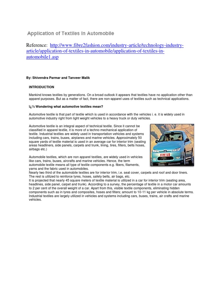 Application of Textile in Automobile | PDF | Airbag | Adhesive
