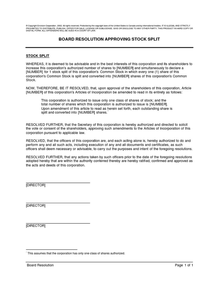 Board Resolution Approving Stock Split | PDF