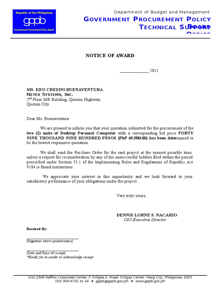 Sample NOA For Negotiated Procurement (Small Value) | PDF