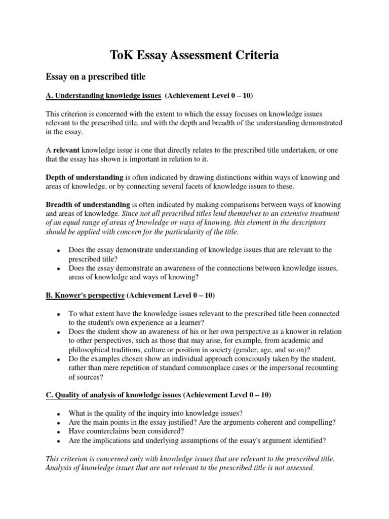 Tok Essay Assessment Criteria: Essay On A Prescribed Title | PDF ...