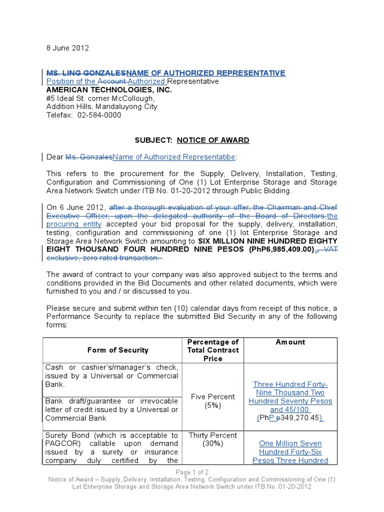 Sample NOA for Public Bidding | Government | Politics