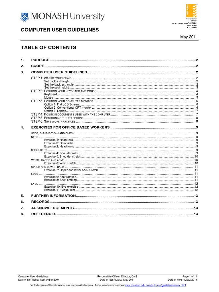 Computer User Guidelines: AS/NZS 4801 OHS20309 SAI Global | PDF | Chair ...