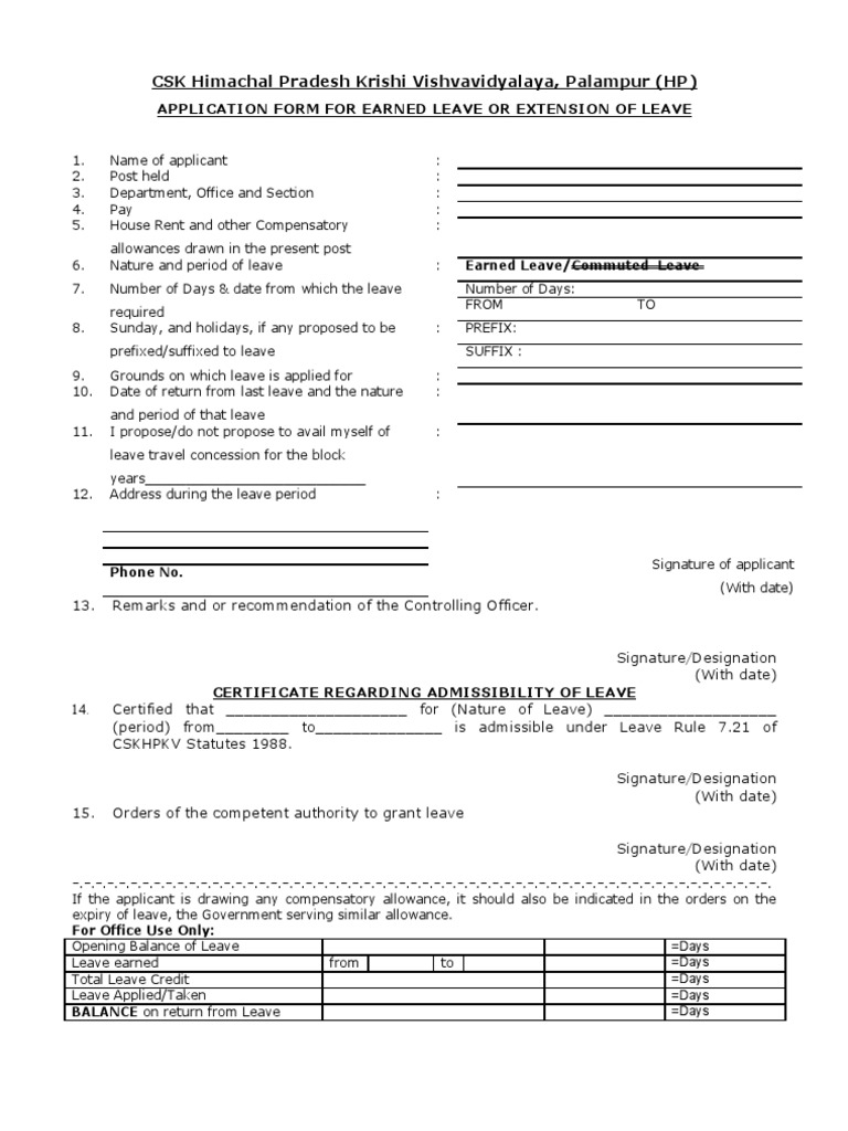 Earned Leave Application Form HP | PDF | Government Information ...