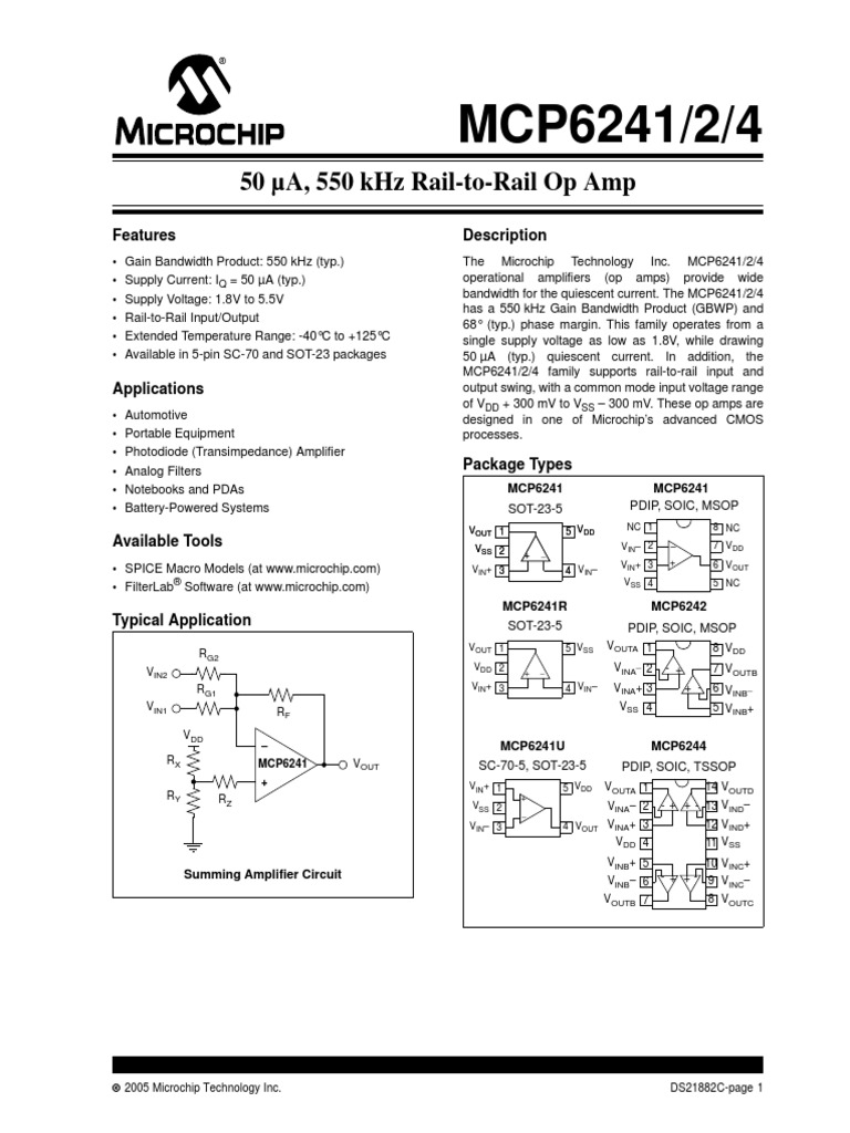 OpAmp - MCP6241 | PDF | Operational Amplifier | Amplifier
