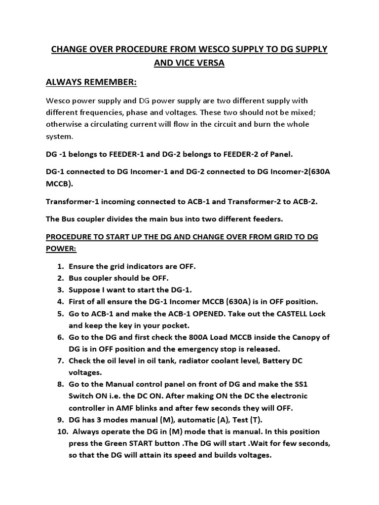 Change Over Procedure From Wesco Supply To DG Supply and Vice Versa ...