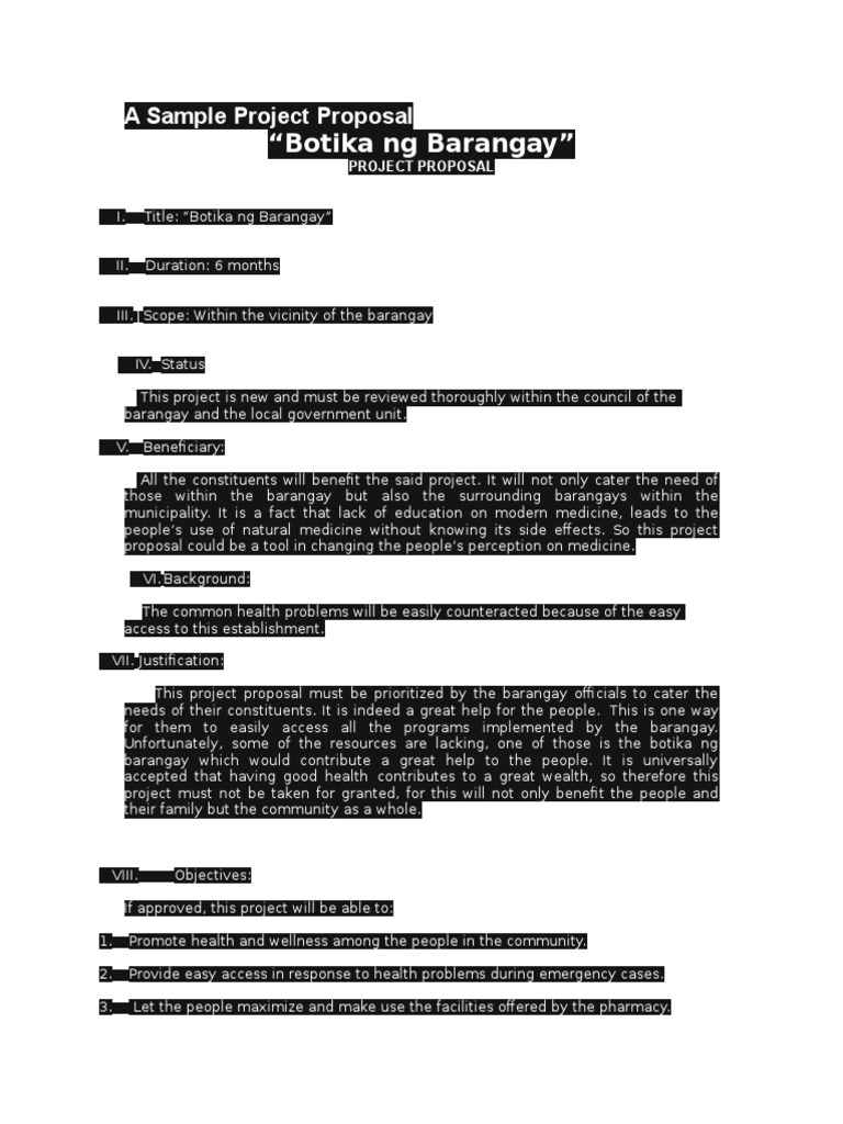 "Botika NG Barangay": A Sample Project Proposal | PDF | Government ...