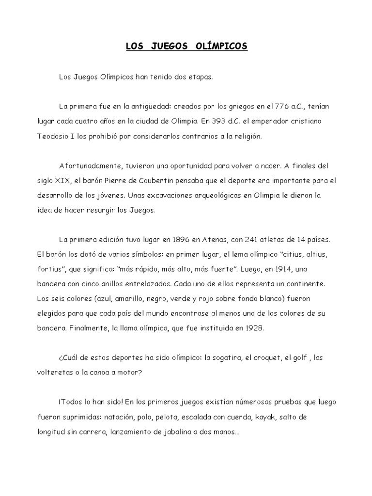Los Juegos Olimpicos - Lectura | PDF | Juegos olímpicos | Eventos ...