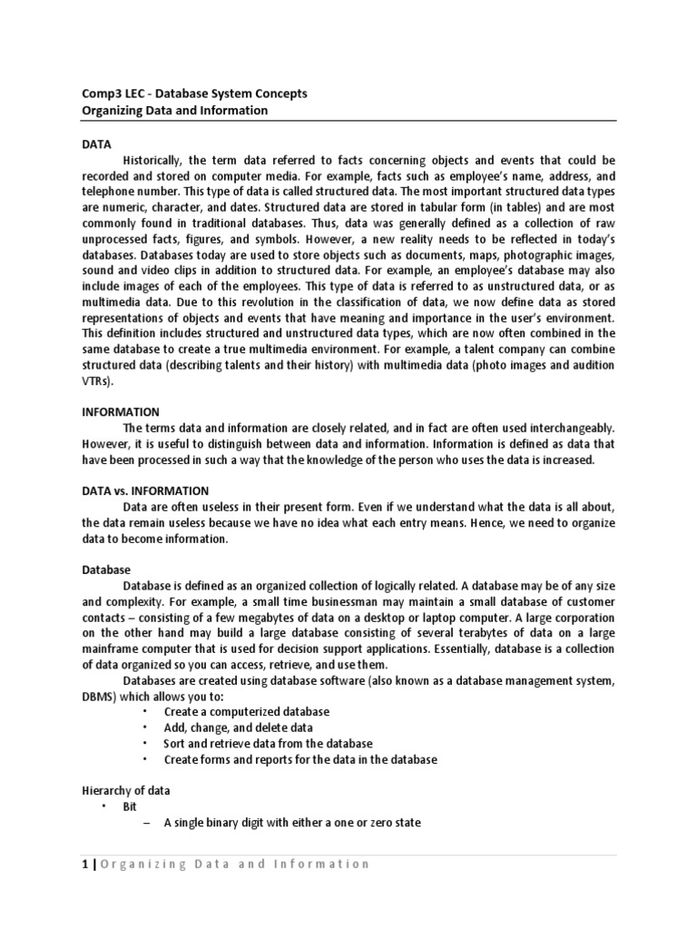 HO1. Organizing Data and Information | PDF | Databases | Metadata