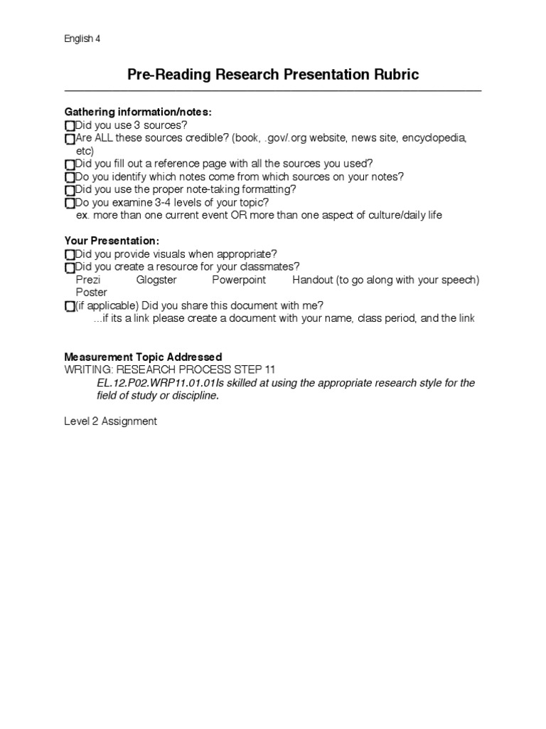 Pre-Reading Research Presentation Rubric | PDF | Career & Growth ...