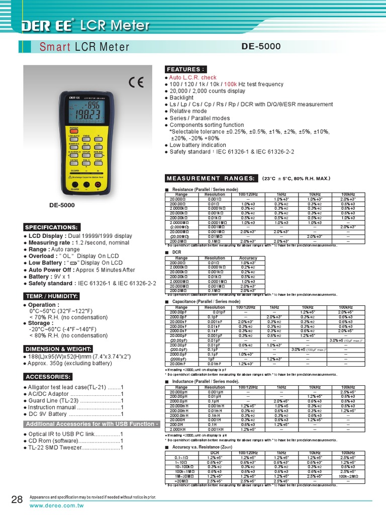 DER EE DE-5000 LCR Meter Specifications | PDF | Accuracy And Precision | Calibration