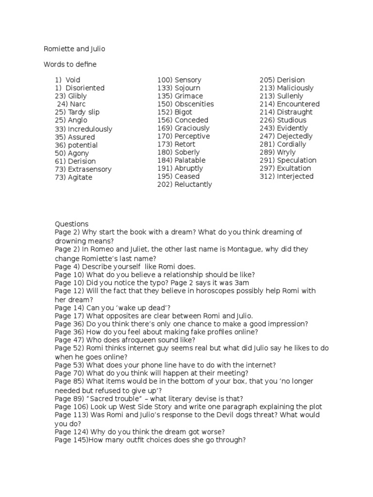 Romiette and Julio Questions and Definitions | PDF | American Young ...