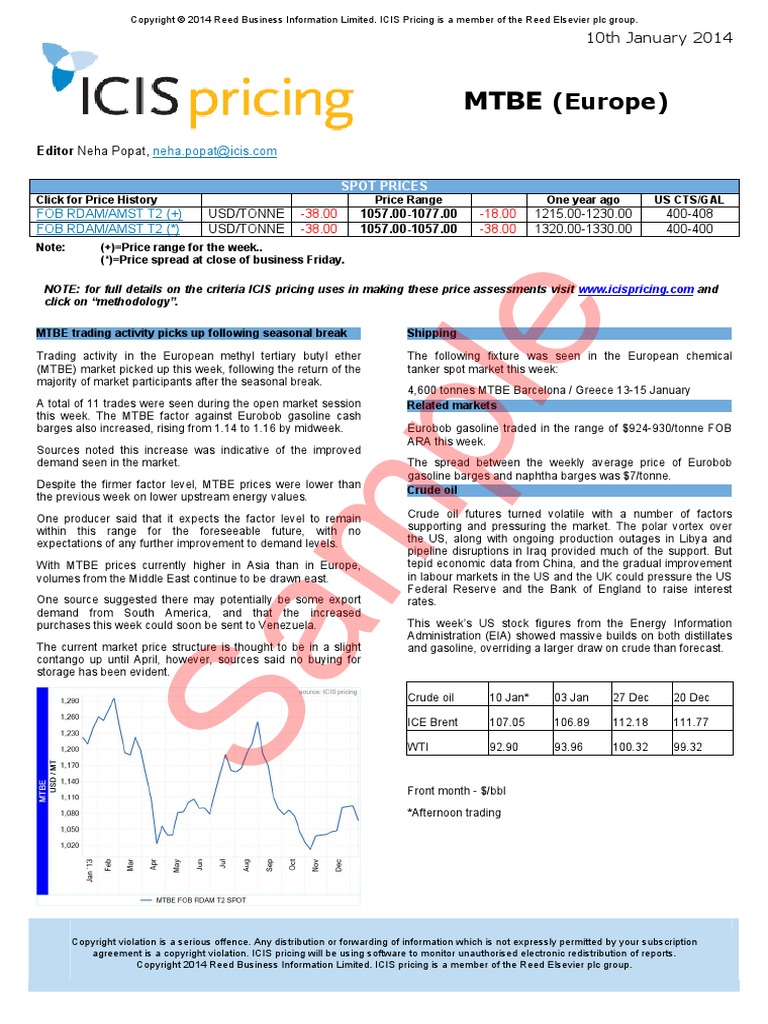 MTBE Price Europe | PDF | Gasoline | Petroleum