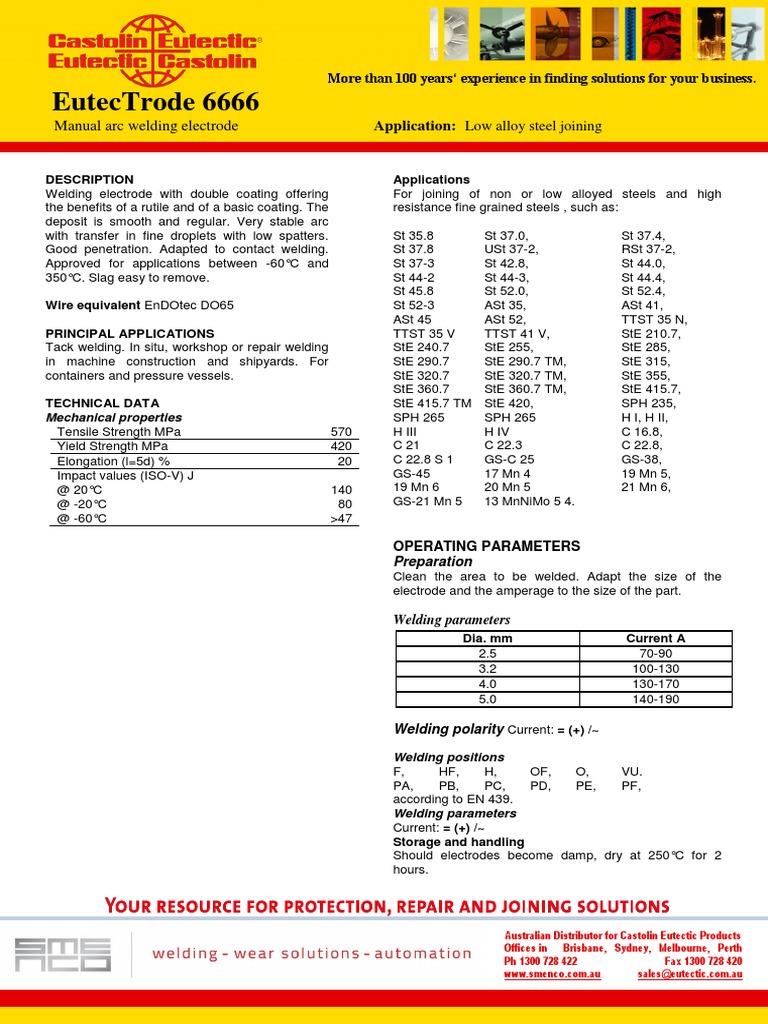 Eutectrode 6666: Manual Arc Welding Electrode | PDF | Welding | Construction