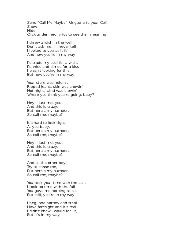 Call Me Maybe Lyrics | PDF | Art | Poetry