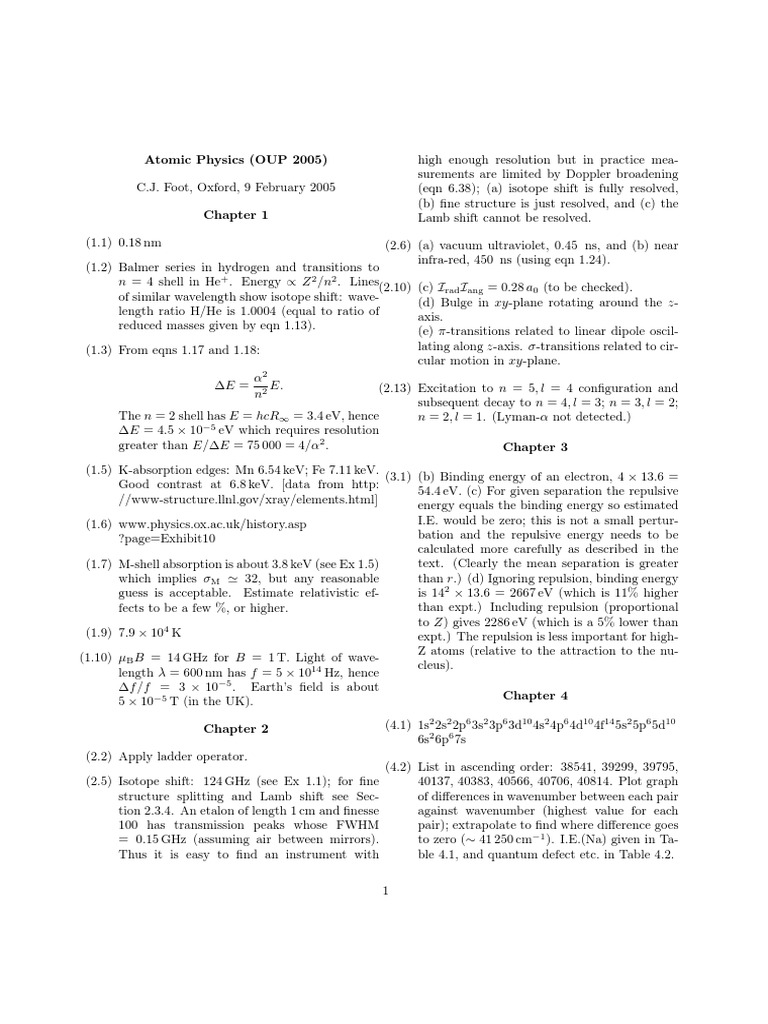 Atomic Physics - Foot, Answers | PDF | Atomic Physics | Solid State ...