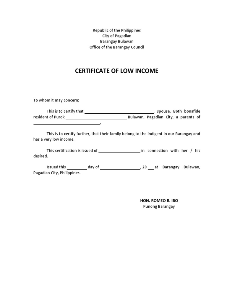 Barangay Certificate of Low Income | PDF