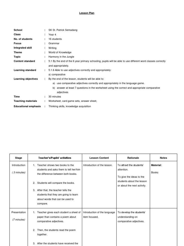 Comparative Adjectives Lesson Plan | PDF | Lesson Plan | Teachers