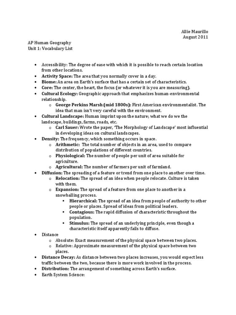 AP Human Geography Unit 1 Vocabulary | PDF | Map | Longitude