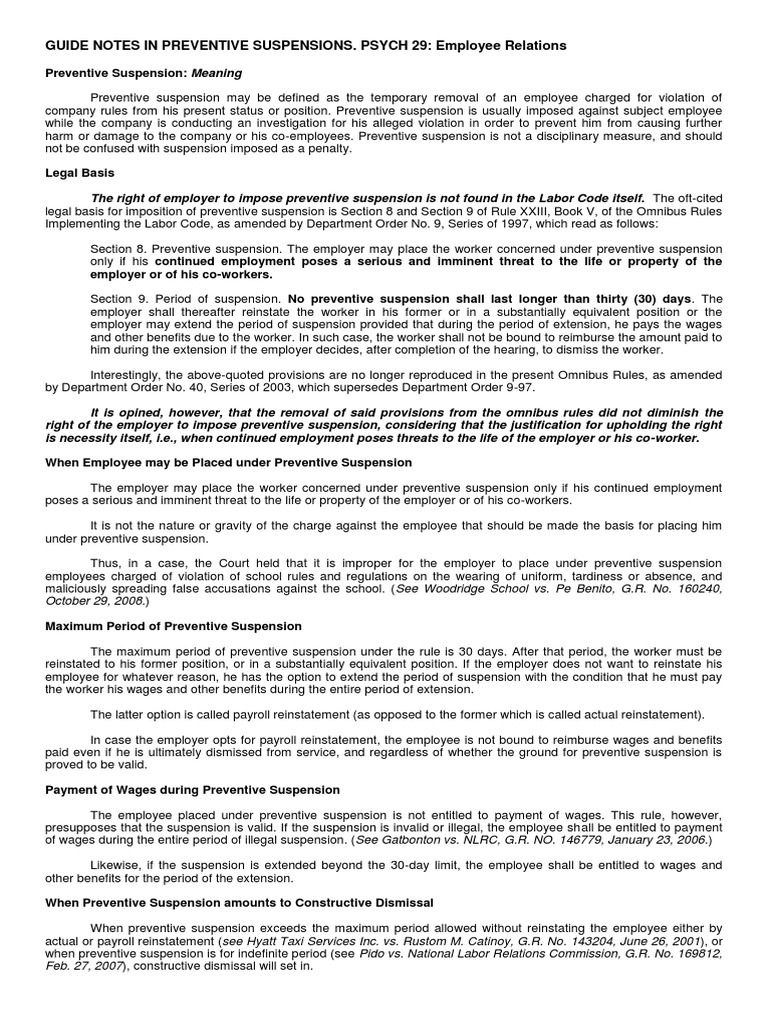Guide Notes In Preventive Suspensions. Psych 29: Employee Relations