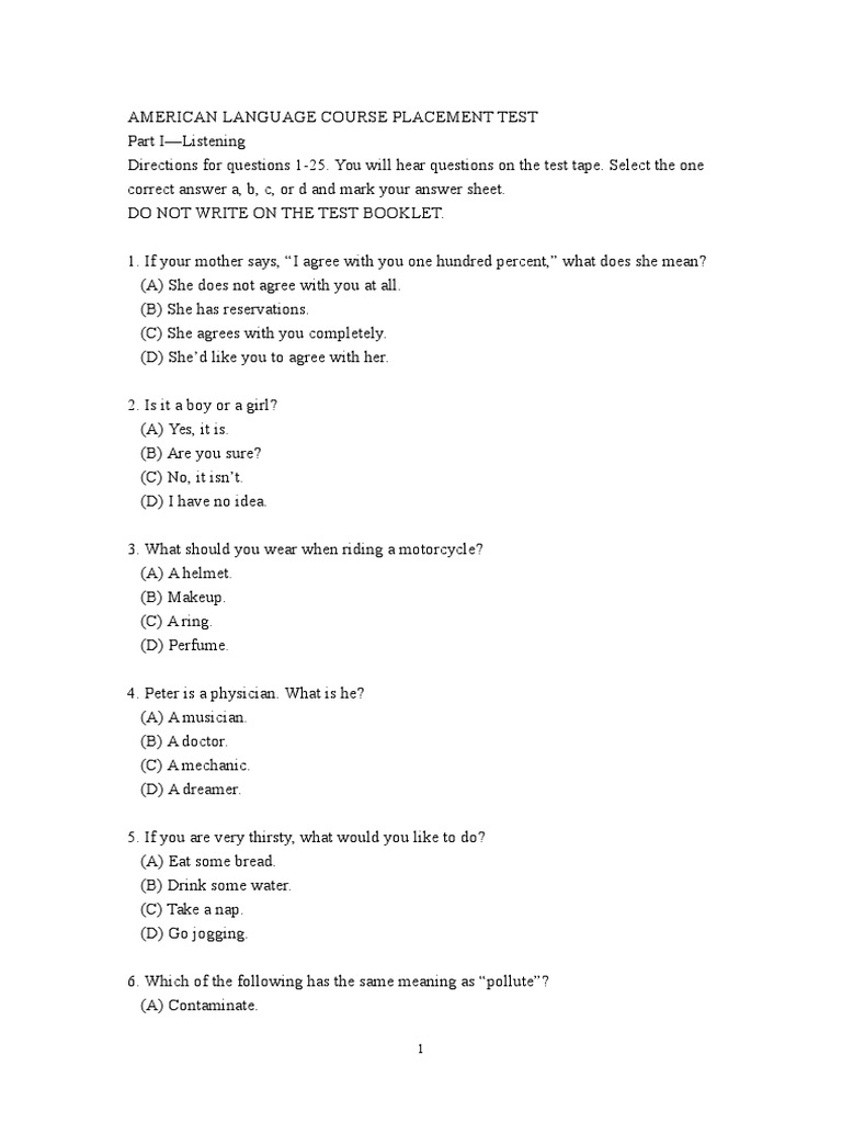 American Language Course Placement Test | PDF