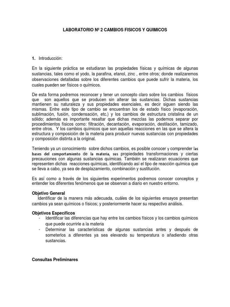 Laboratorio 2. Cambios Fisicos y Quimicos | PDF | Reacciones químicas ...