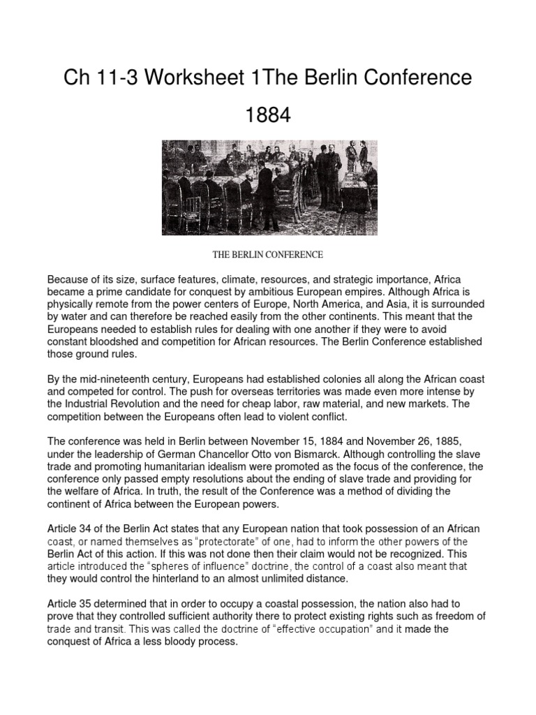 CH 11-3 Worksheet 1the Berlin Conference 1884 | PDF | Africa | Global ...