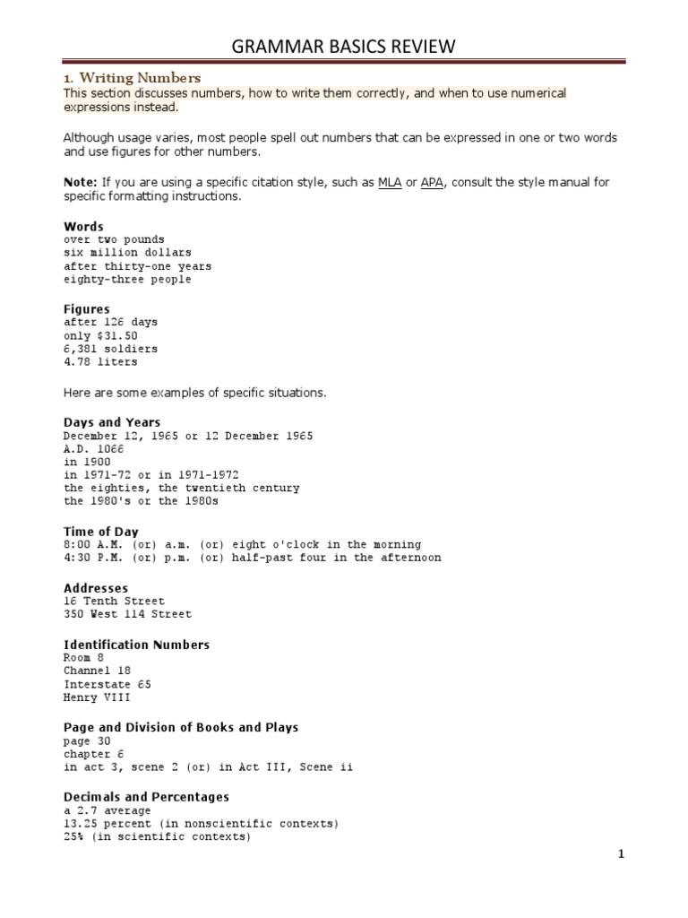 Grammar Basics Review: 1. Writing Numbers | PDF | Percentage | Fraction ...