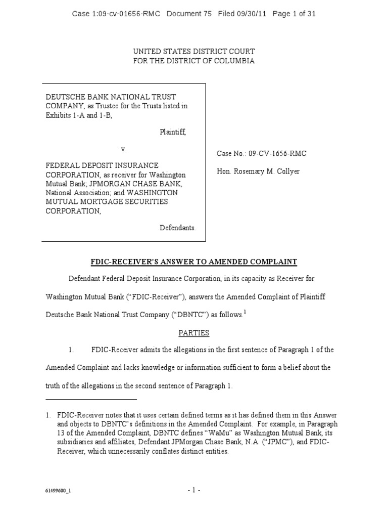 FDIC Answer To Complaint | PDF | Washington Mutual | Chase Bank