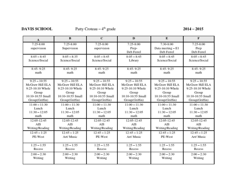 4th Grade Class Schedule 2014-2015 | PDF