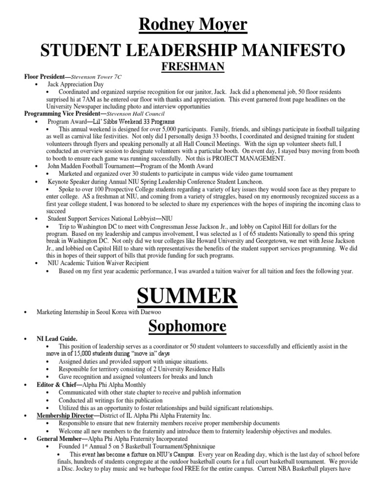 Student Leadership Manifesto1 | PDF | Fraternities And Sororities ...