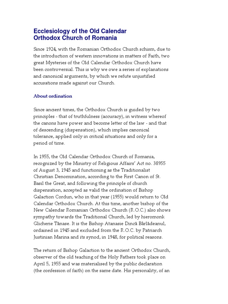 Ecclesiology of The Old Calendar Orthodox Church of Romania | PDF ...