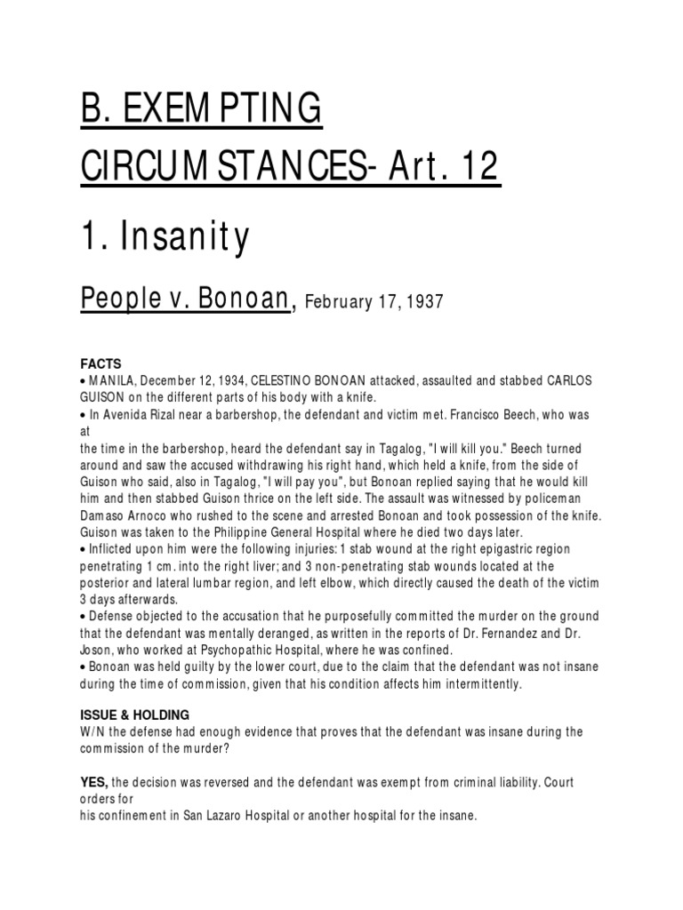 Exempting Circumstances | PDF | Insanity Defense | Burden Of Proof (Law)