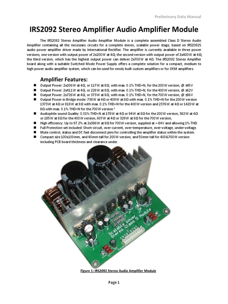 IRS2092 Stereo Amplifier | PDF | Amplifier | Capacitor