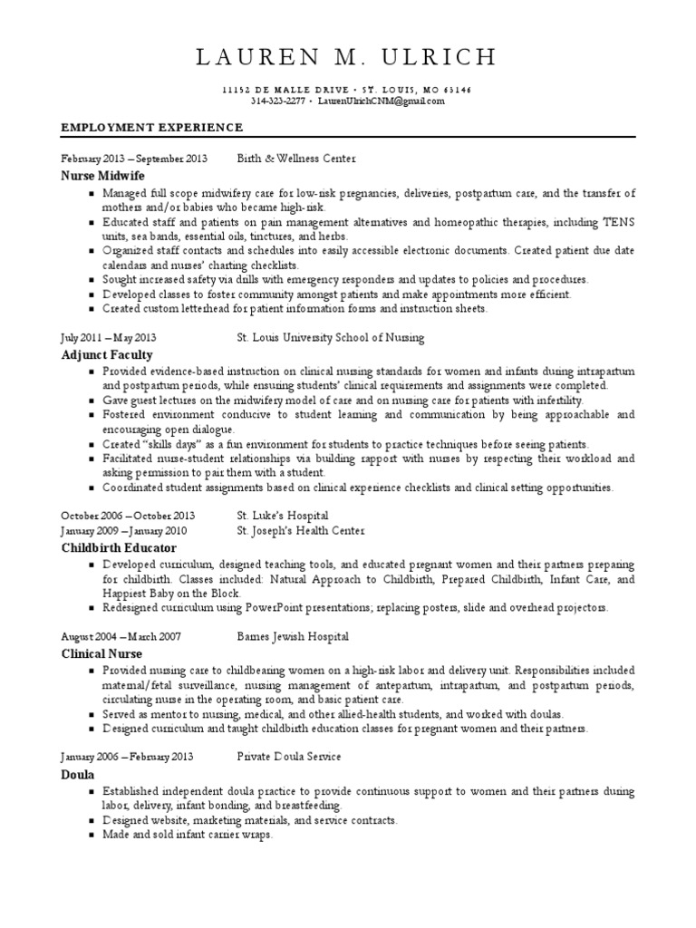 Resume June 2014 | PDF | Midwife | Doula