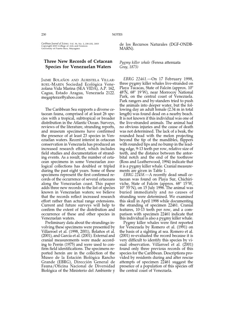 Three New Records of Cetacean Species For Venezuelan Waters: Notes 230 ...